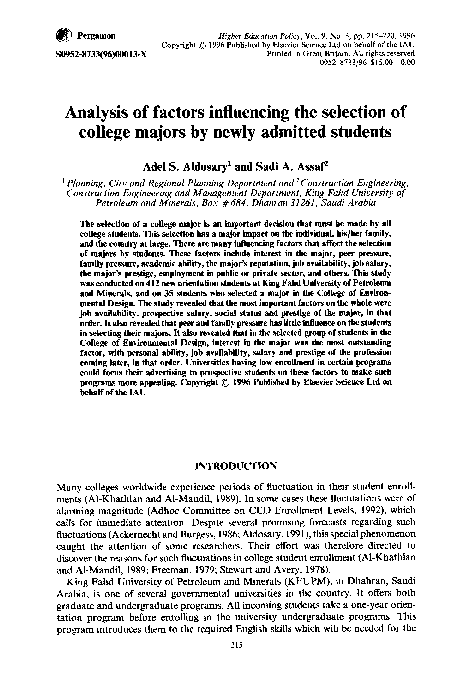 (PDF) Analysis of factors influencing the selection of college majors ...