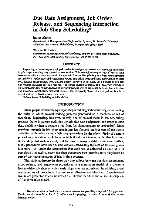 (PDF) Due Date Assignment, Job Order Release, and Sequencing Interaction in Job Shop Scheduling