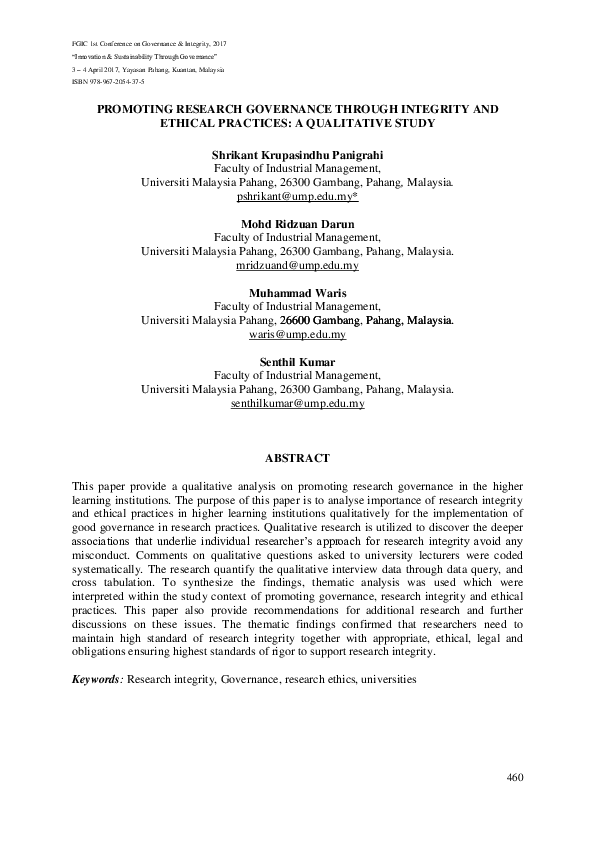 (PDF) PROMOTING RESEARCH GOVERNANCE THROUGH INTEGRITY AND ETHICAL ...