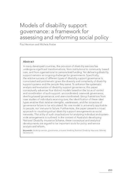 (PDF) Models of disability support governance: a framework for ...