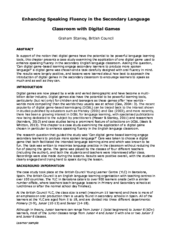 (PDF) Enhancing Speaking Fluency in the Secondary Language Classroom ...