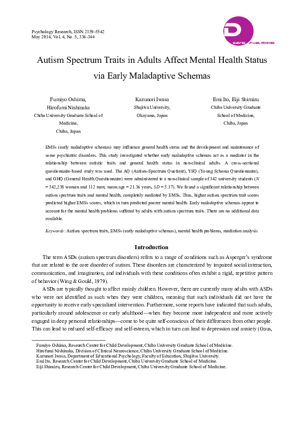 (PDF) Autism Spectrum Traits in Adults Affect Mental Health Status via ...