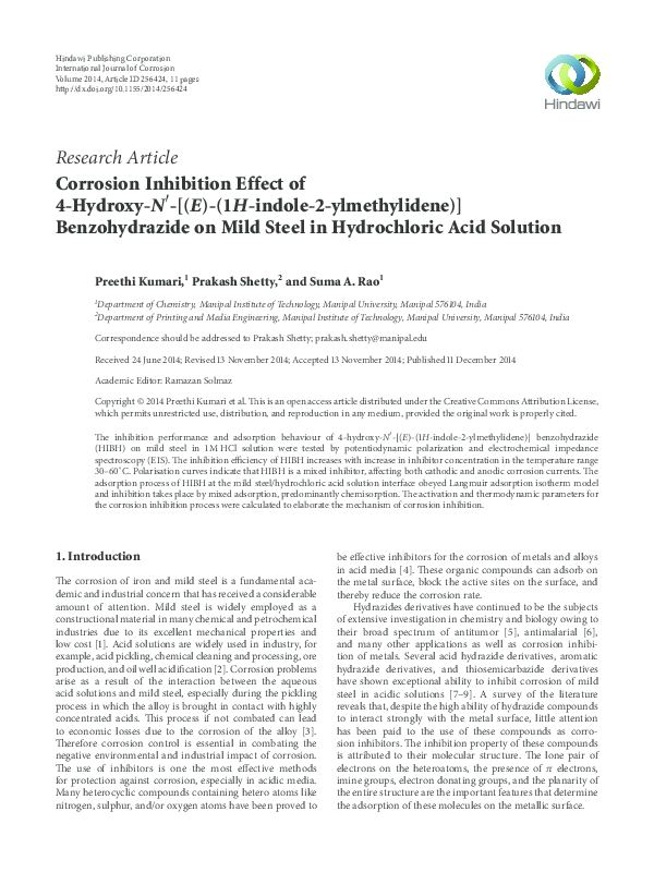 (PDF) Corrosion Inhibition Effect of 4-Hydroxy- N′ -[( E )-(1 H -indole ...