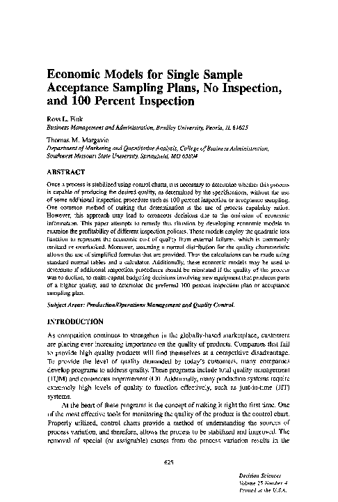 (PDF) Economic Models for Single Sample Acceptance Sampling Plans, No ...