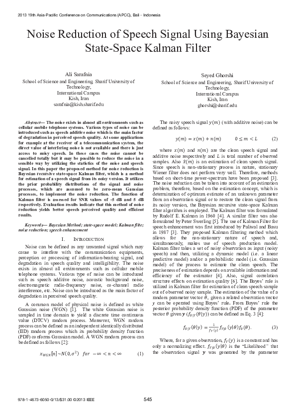 Pdf Noise Reduction Of Speech Signal Using Bayesian State Space