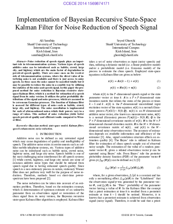 Pdf Implementation Of Bayesian Recursive State Space Kalman Filter For Noise Reduction Of