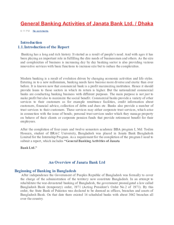 (DOC) General Banking Activities of Janata Bank Ltd. / Dhaka