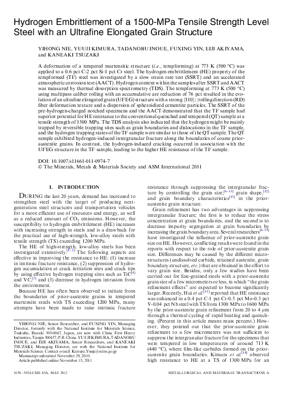 (PDF) Hydrogen Embrittlement of a 1500-MPa Tensile Strength Level Steel ...