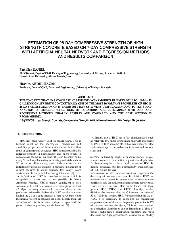 (PDF) Estimation of 28-day compressive strength of high strength concrete based on 7-day ...