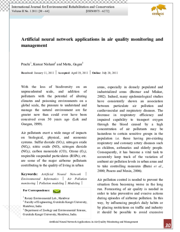(PDF) Artificial neural network applications in air quality monitoring and management