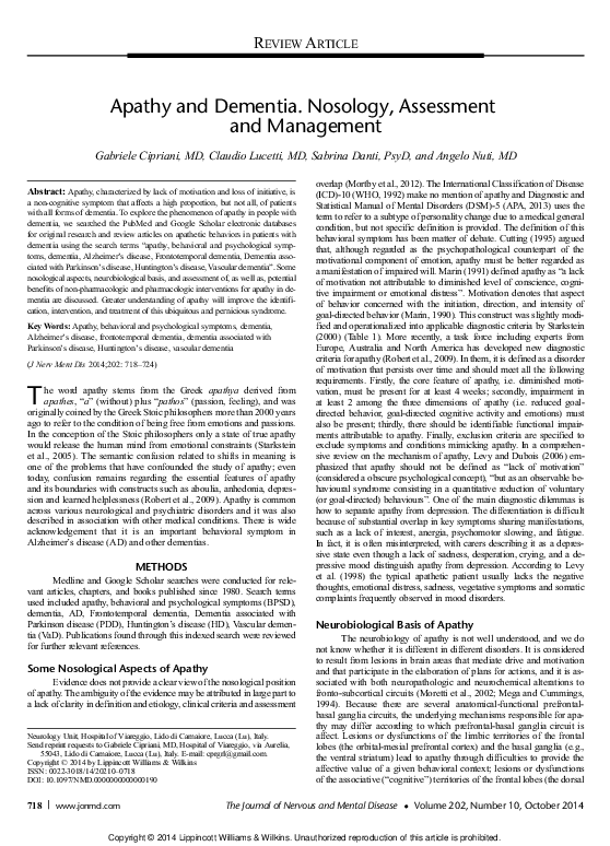 (PDF) Apathy and Dementia. Nosology, Assessment and Management