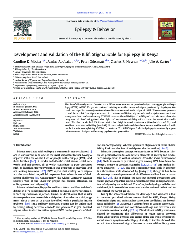 (PDF) Development and validation of the Kilifi Stigma Scale for Epilepsy in Kenya
