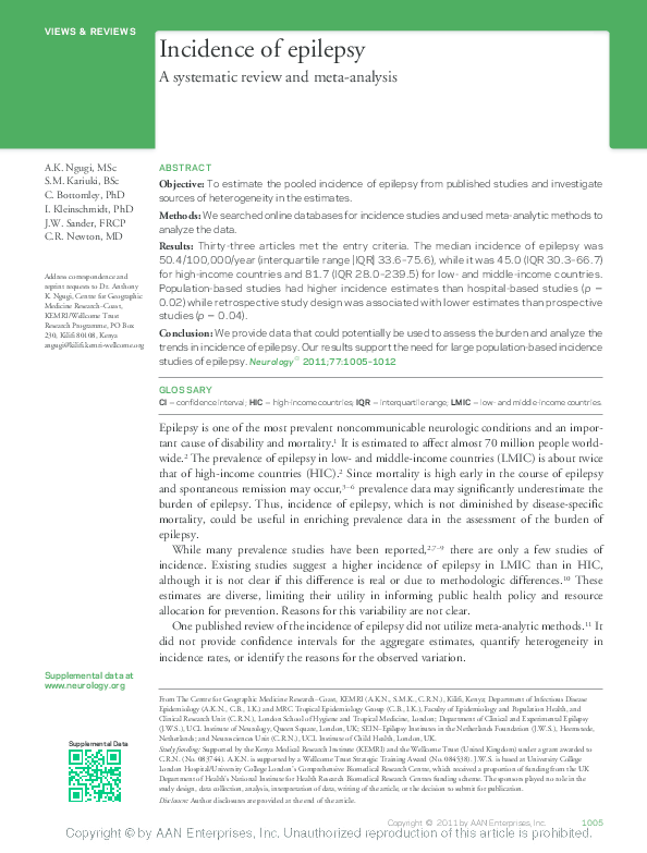 Pdf Incidence Of Epilepsy A Systematic Review And Meta Analysis