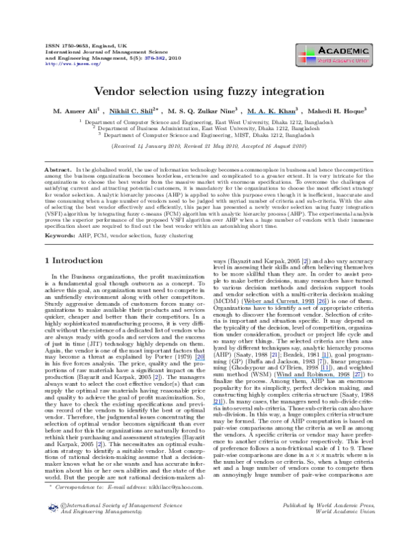 (PDF) Vendor selection using fuzzy integration | Nikhil Chandra Shil, FCMA - Academia.edu