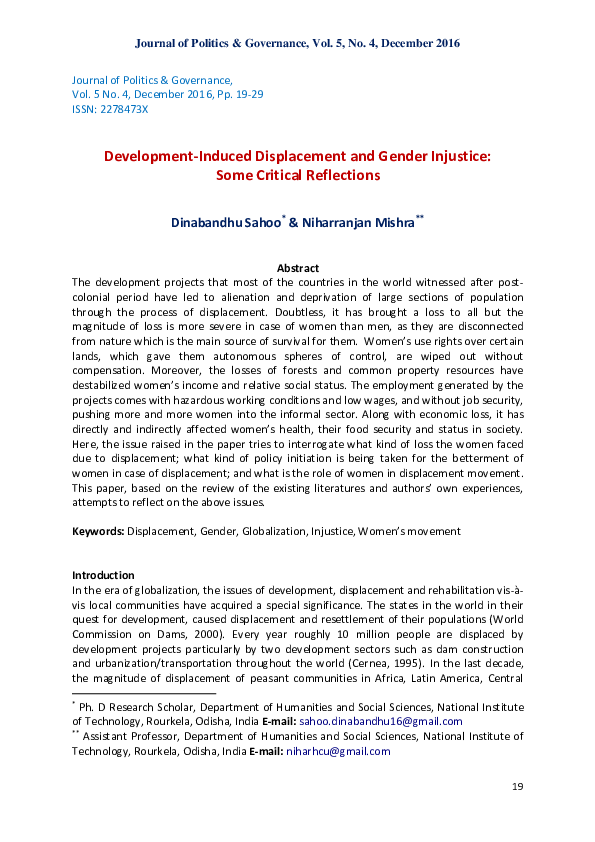 (PDF) Development-Induced Displacement and Gender Injustice: Some ...