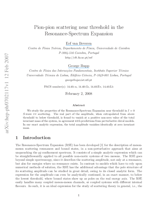 (PDF) Pion-pion scattering near threshold in the Resonance-Spectrum ...