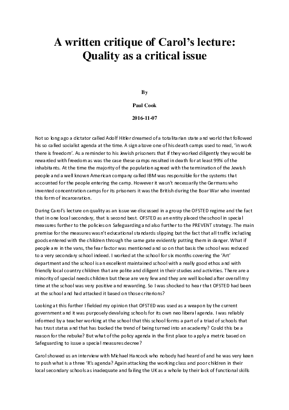 (PDF) A written critique of Carol's lecture: Quality as a critical issue