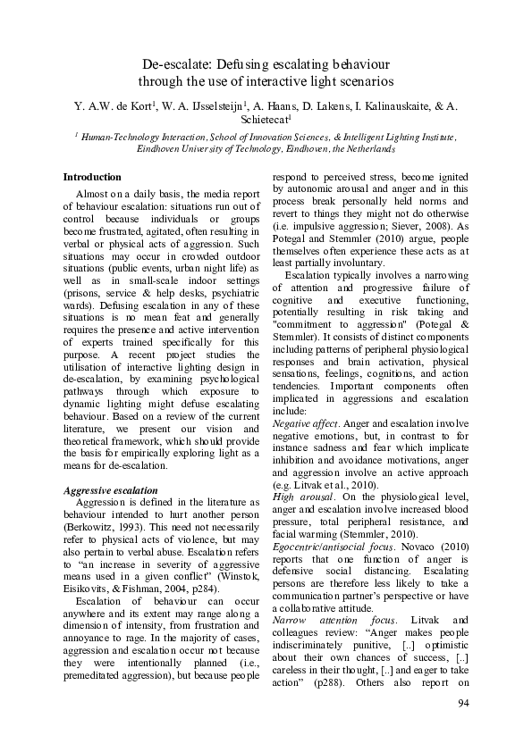 (PDF) De-escalate: Defusing escalating behaviour through the use of ...