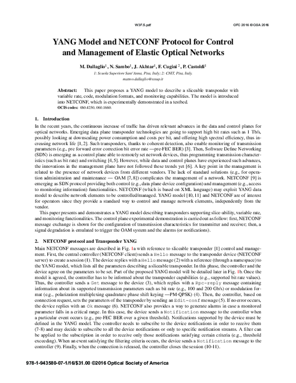 (PDF) YANG Model and NETCONF Protocol for Control and Management of ...