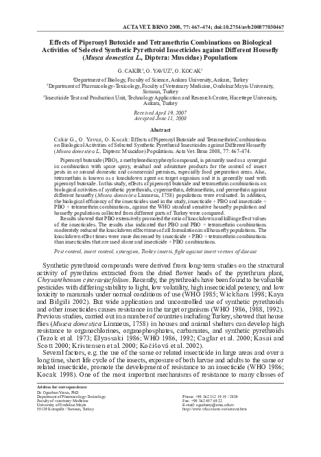 (PDF) Effects of Piperonyl Butoxide and Tetramethrin Combinations on Biological Activities of ...