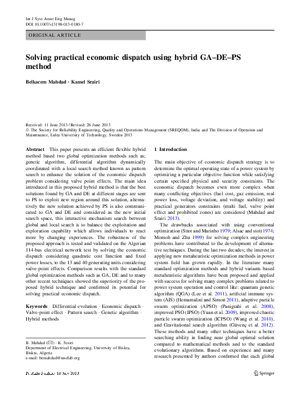(PDF) Solving practical economic dispatch using hybrid GA–DE–PS method | Belkacem Mahdad ...