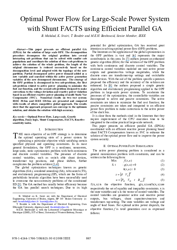 (PDF) Optimal power flow for large-scale power system with shunt FACTS using efficient parallel GA