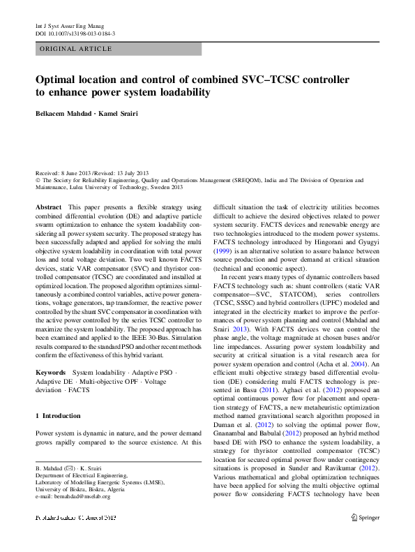Pdf Optimal Location And Control Of Combined Svctcsc Controller To Enhance Power System
