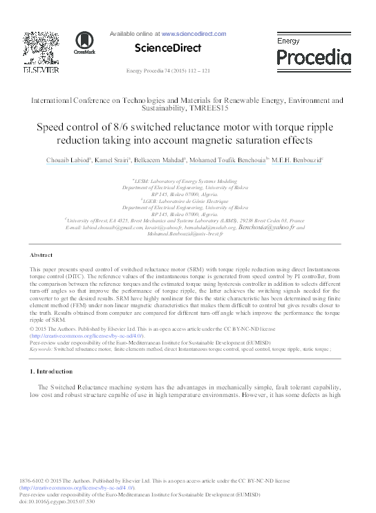 Pdf Speed Control Of 8 6 Switched Reluctance Motor With Torque Ripple Reduction Taking Into