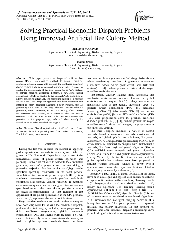 (PDF) Solving Practical Economic Dispatch Problems Using Improved Artificial Bee Colony Method