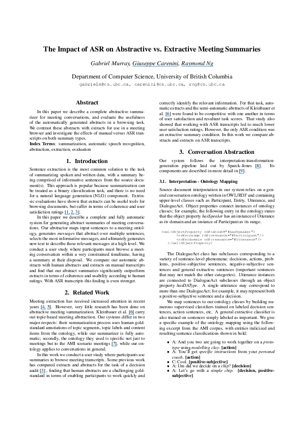 Pdf The Impact Of Asr On Abstractive Vs Extractive Meeting Summaries