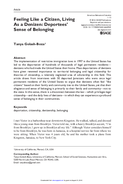 (PDF) Feeling Like a Citizen, Living As a Denizen: Deportees' Sense of ...