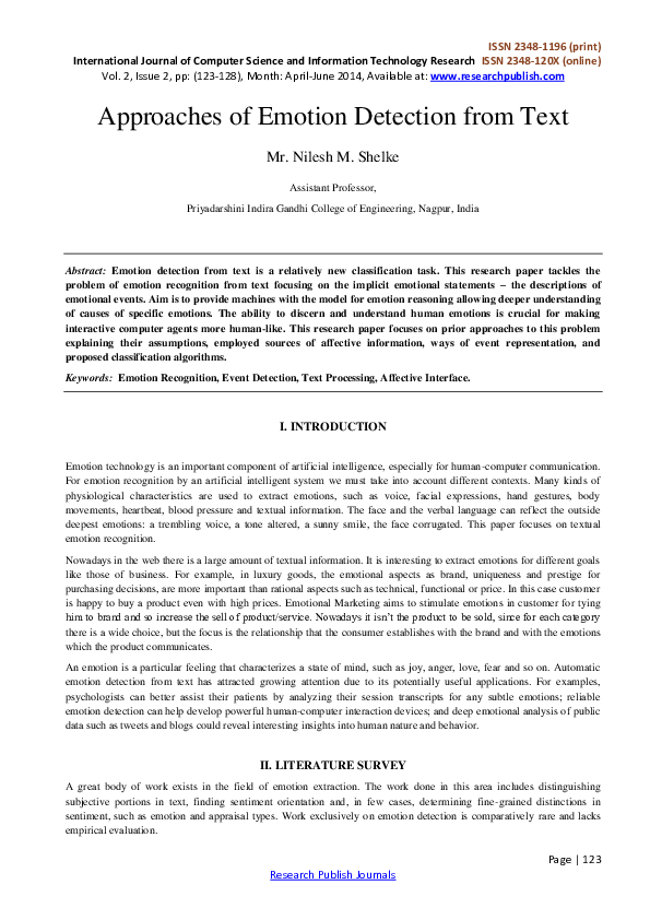 Pdf Approaches Of Emotion Detection From Text