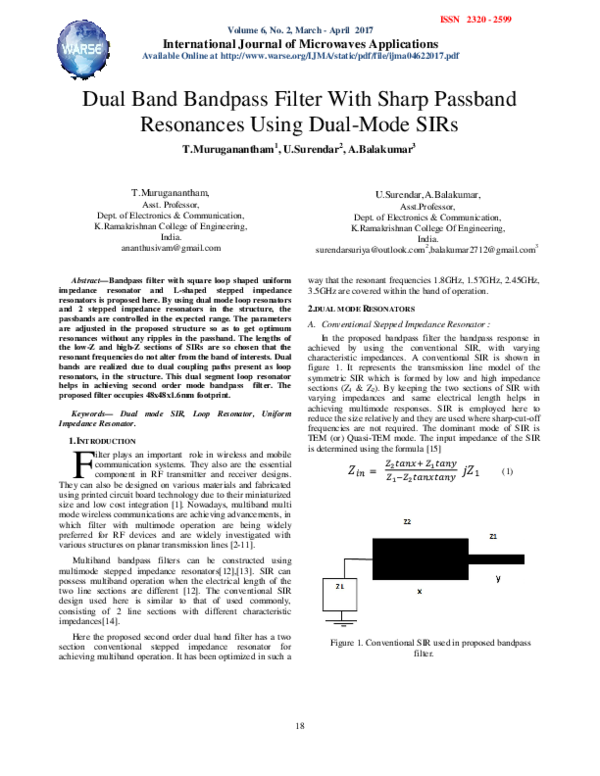 Pdf Dual Band Bandpass Filter With Sharp Passband Resonances Using