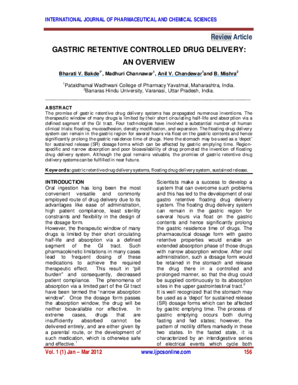 (PDF) RECENT APPROACHES OF GASTRO RETENTIVE DRUG DELIVERY SYSTEM – A ...