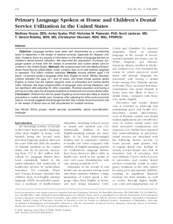 (PDF) Primary Language Spoken at Home and Children's Dental Service ...