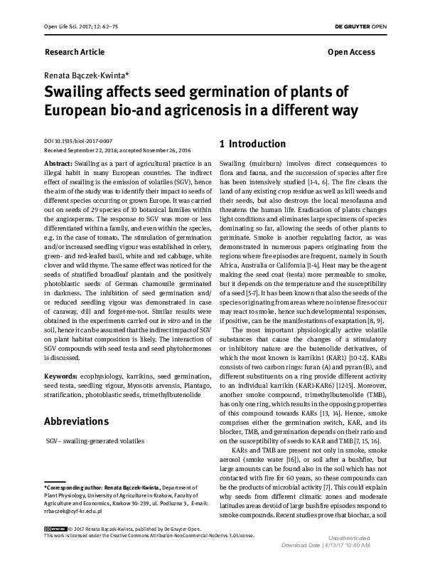 (PDF) Swailing affects seed germination of plants of European bio and ...