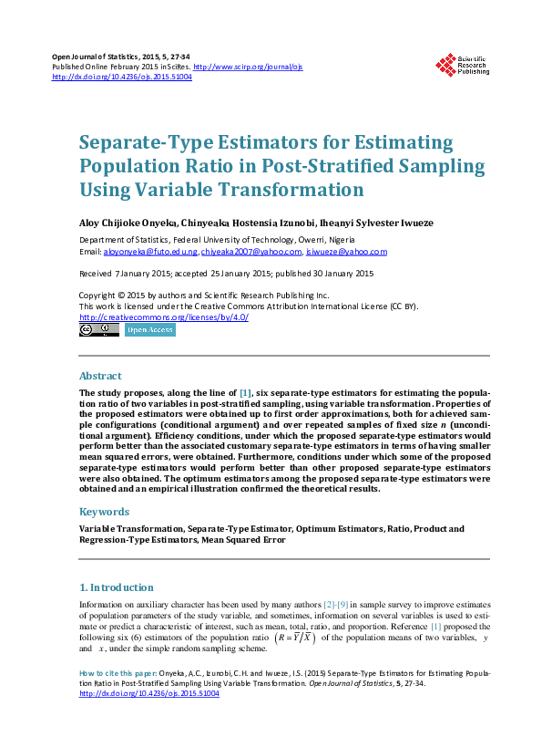 Pdf Separate Type Estimators For Estimating Population Ratio In Post Stratified Sampling Using