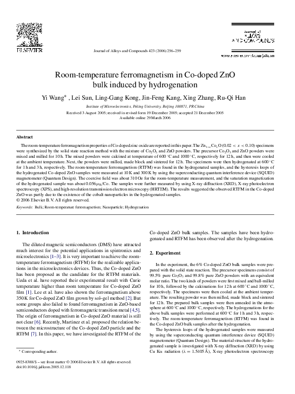 (PDF) Room-temperature ferromagnetism in Co-doped ZnO bulk induced by hydrogenation