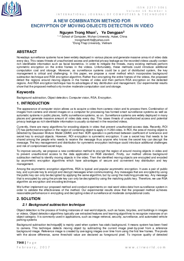 (PDF) A NEW COMBINATION METHOD FOR ENCRYPTION OF MOVING OBJECTS DETECTION IN VIDEO | IJCT Editor ...