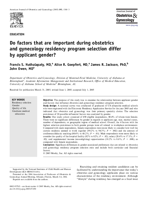 (PDF) Do factors that are important during obstetrics and gynecology residency program selection ...