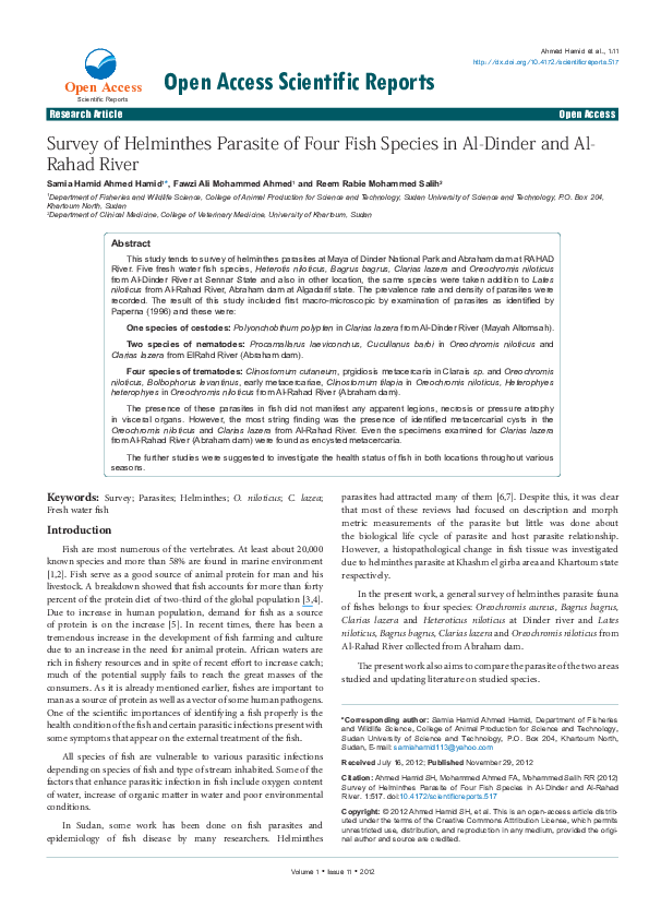 (PDF) Survey of Helminthes Parasite of Four Fish Species in Al-Dinder ...