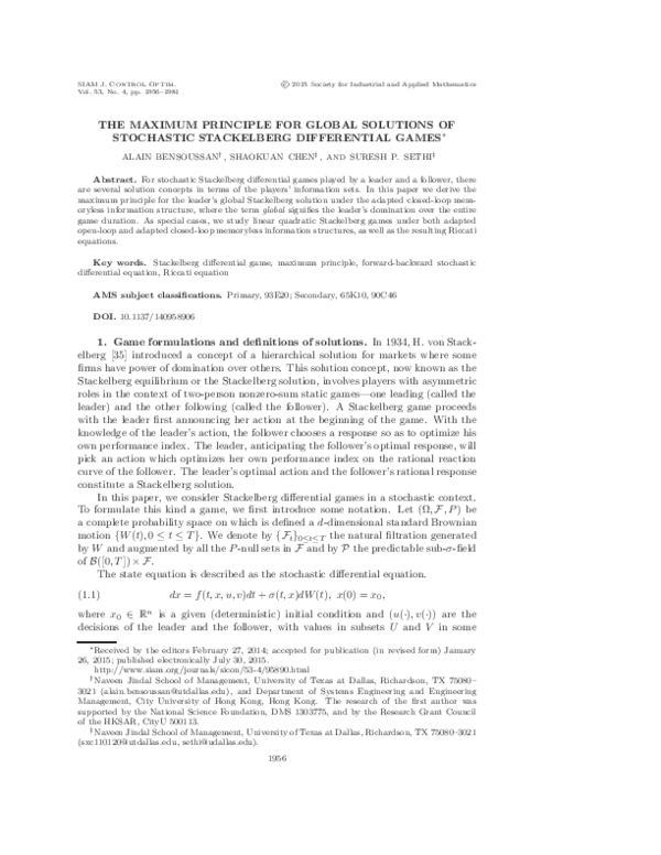 (PDF) The Maximum Principle for Global Solutions of Stochastic Stackelberg Differential Games