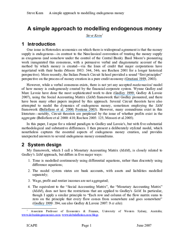 (PDF) A simple approach to modelling endogenous money