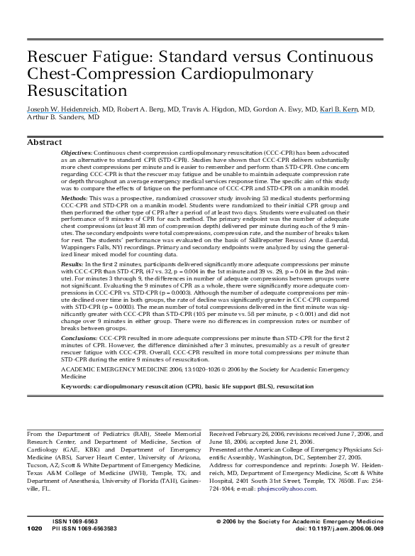(PDF) Rescuer Fatigue: Standard versus Continuous Chest-Compression ...