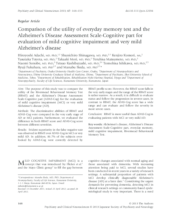 (PDF) Comparison of the utility of everyday memory test and the ...