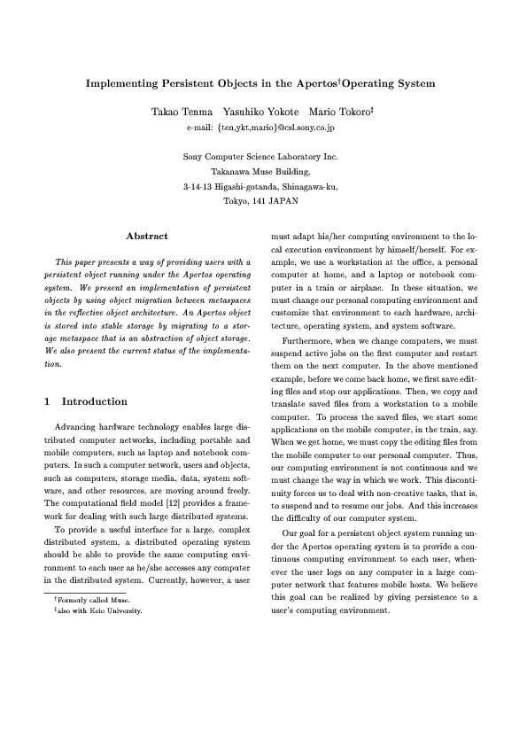 Pdf Implementing Persistent Objects In The Apertos Operating System