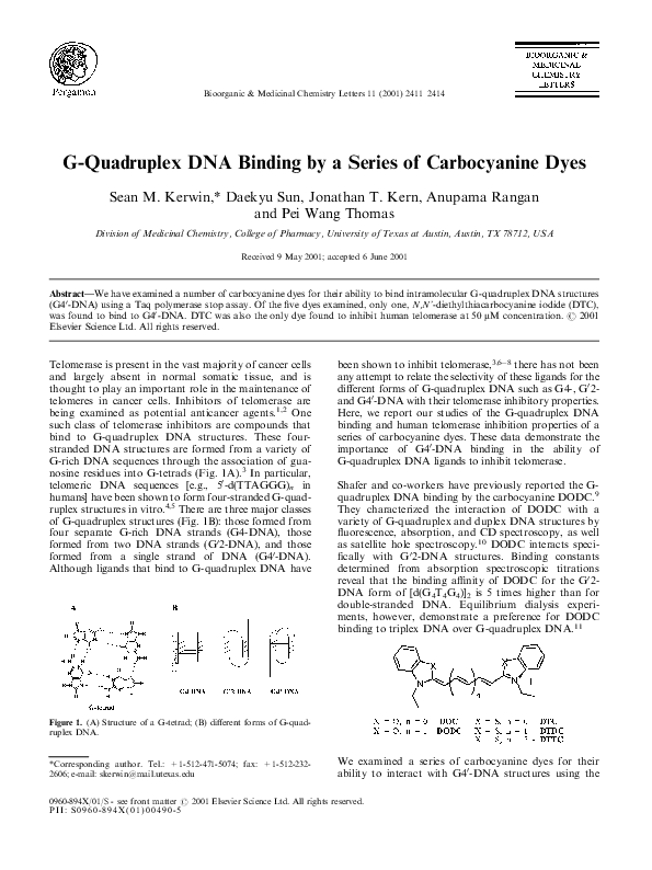 (PDF) G-Quadruplex DNA binding by a series of carbocyanine dyes