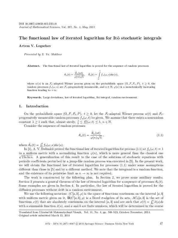 (PDF) The functional law of iterated logarithm for Itô stochastic integrals