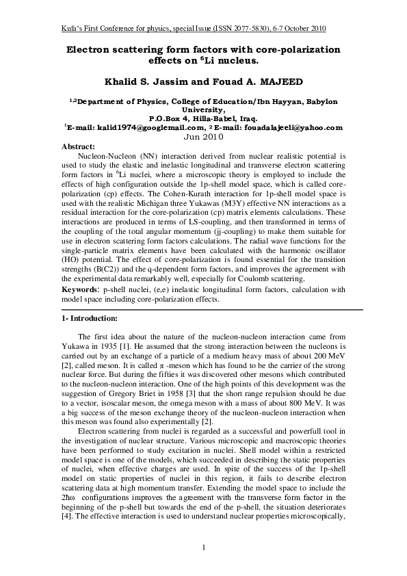 (PDF) Electron scattering form factors with core-polarization effects on 6 Li nucleus | Fouad ...