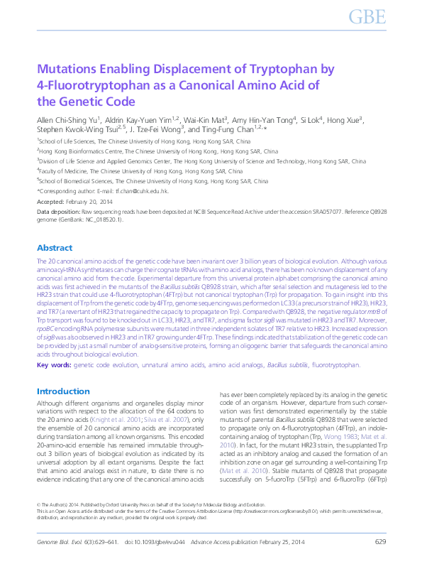 (PDF) Mutations Enabling Displacement of Tryptophan by 4 ...